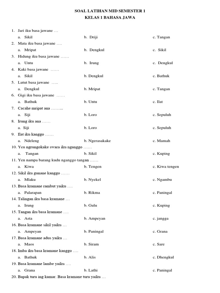 Soal Bahasa Jawa Kelas 1 | PDF
