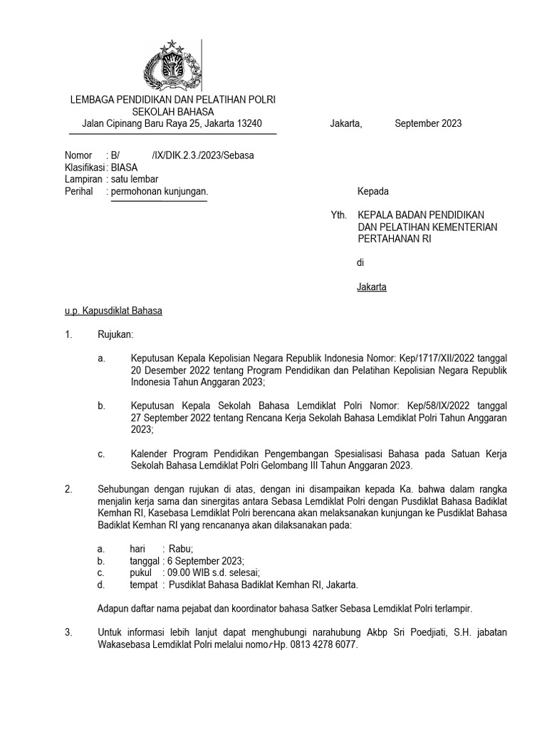 Surat Kunjungan Ke Pusdiklat Bahasa - Ka | PDF