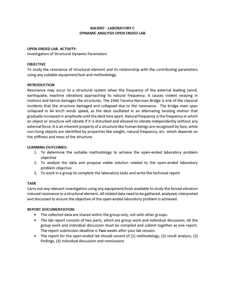 OPEN ENDED LAB SHEET FOR DYNAMIC ANALYSIS (OELl) | PDF