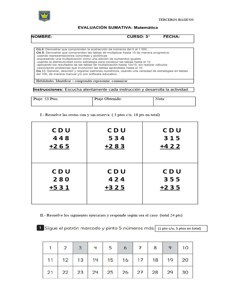 EvaluaciÓn Sumativa 2° Trimestre Matematica 3° Básico Pdf 9657