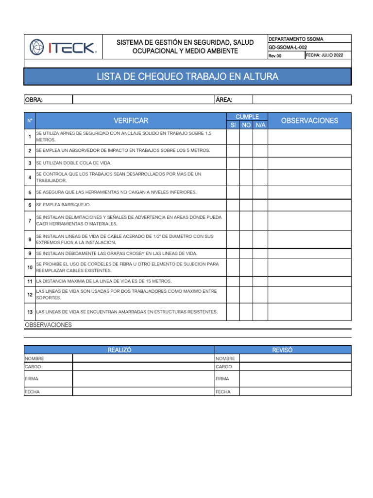 Lista de Chequeo para Trabajo en Altura | PDF