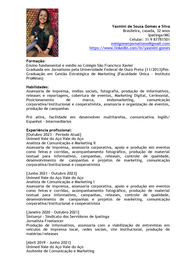 Perfil Profissional de Yasmini Gomes | PDF