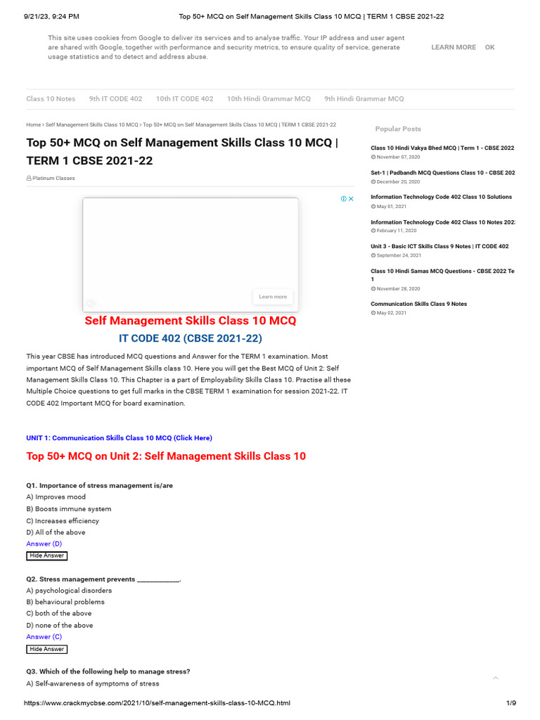 Top 50+ MCQ On Self Management Skills Class 10 MCQ - TERM 1 CBSE 2021 ...