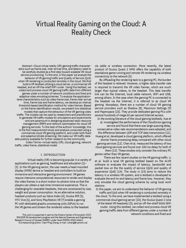 Virtual Reality Gaming On The Cloud A Reality Chec PDF | PDF | Virtual Reality | Transmission ...