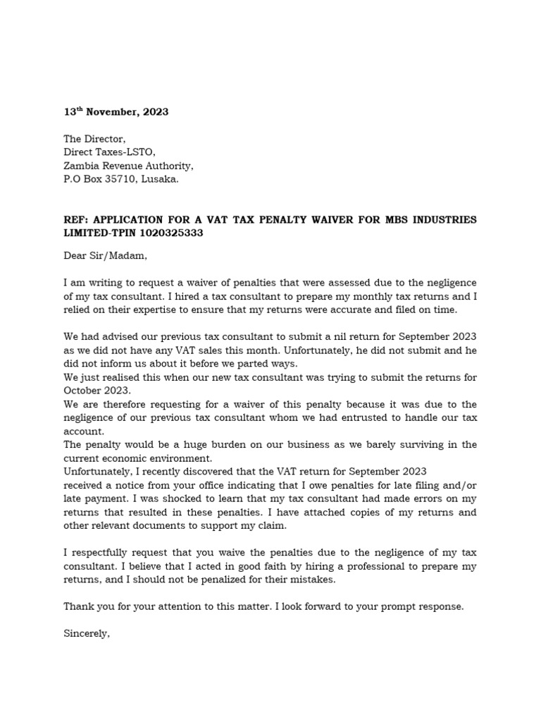 Penalty Waiver Letter Amended | PDF | Finance & Money Management