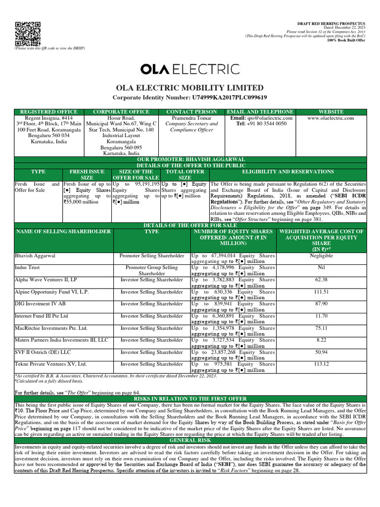Ola Electric Mobility IPO Prospectus 2023 | PDF | Stocks | Investing