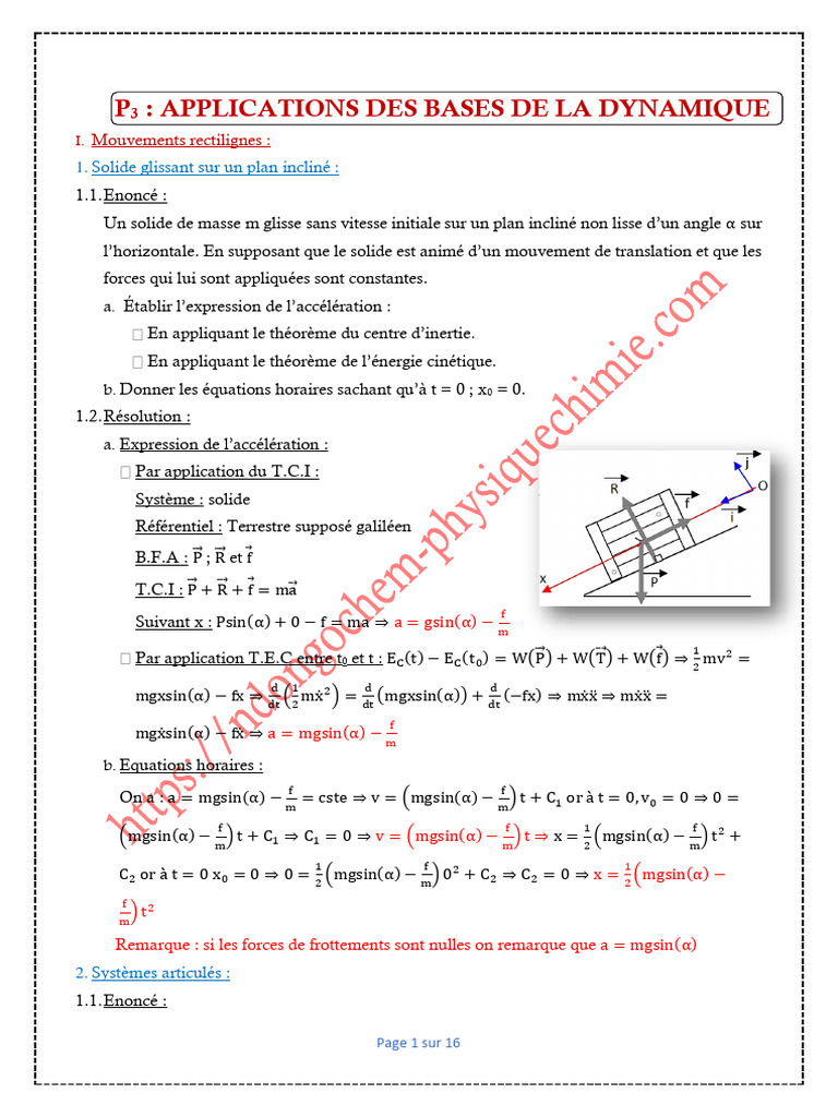 P: Applications Des Bases de La Dynamique: 1. Solide Glissant Sur Un ...