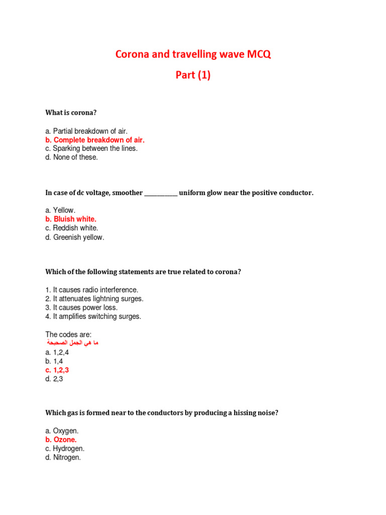 Corona and Travelling Wave MCQ Part | PDF | Electrical Breakdown | Electric Power Transmission