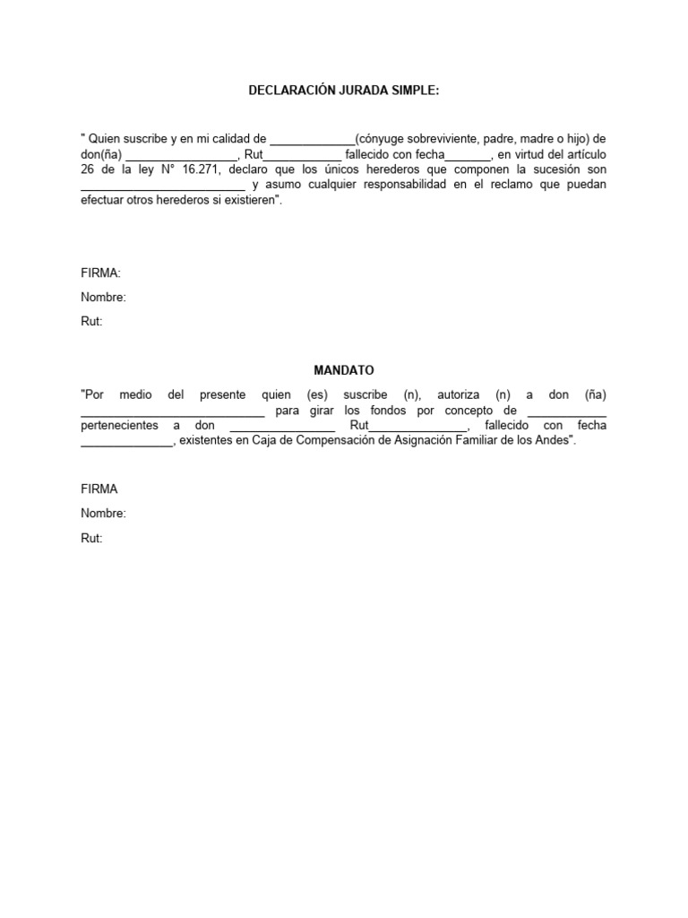 Formato Tipo Declaración Jurada Simple y Mandato Herederos | PDF