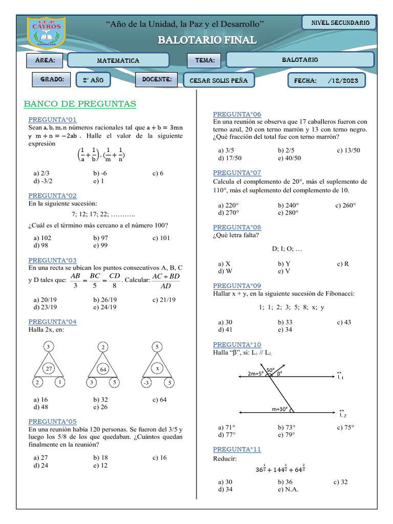 Balotario 2° Año | PDF | Matemáticas | Matemática Elemental Balotario 2° Año | PDF | Matemáticas | Matemática Elemental