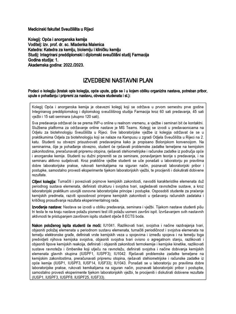 Opca-I-Anorganska-Kemija INP 2022 23 | PDF