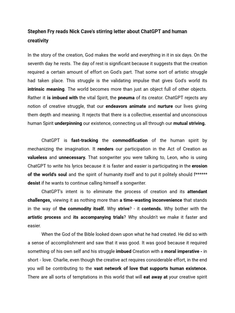 Stephen Fry Reads Nick Cave's Stirring Letter About ChatGPT and Human ...