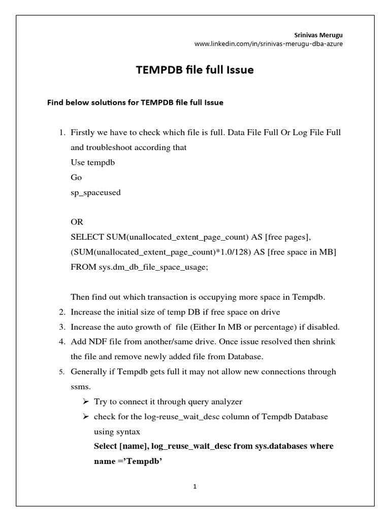 Resolution For TempDB File Full Issue | PDF | Cache (Computing) | Database Transaction