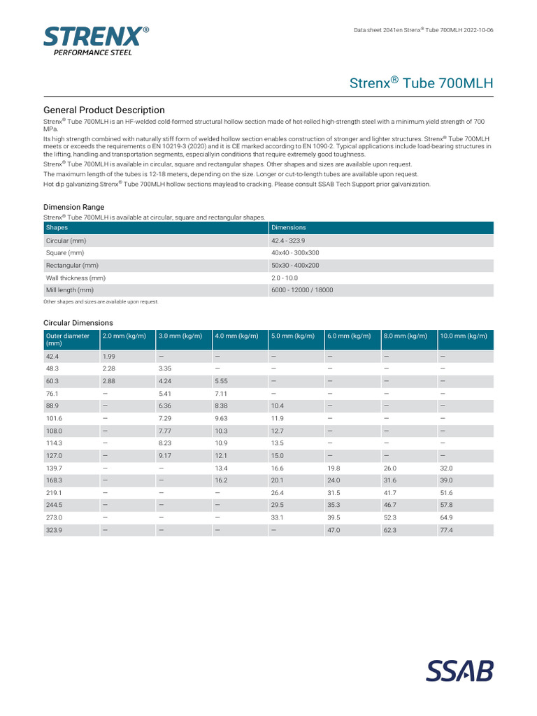 Data Sheet 2041en Strenx® Tube 700MLH 2022-10-06 | PDF | Pipe (Fluid ...