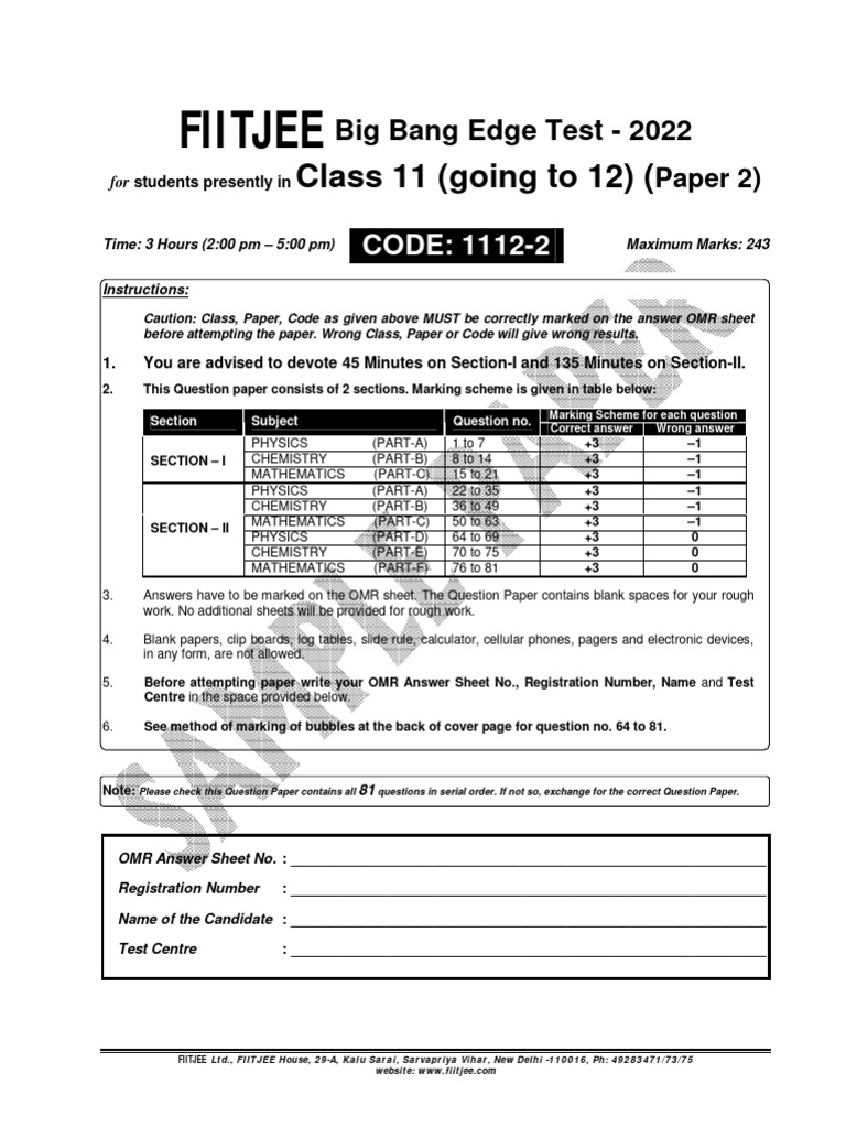 Sample Paper Bbe 2022 Class Xi p2 PCM | PDF | Force | Mass