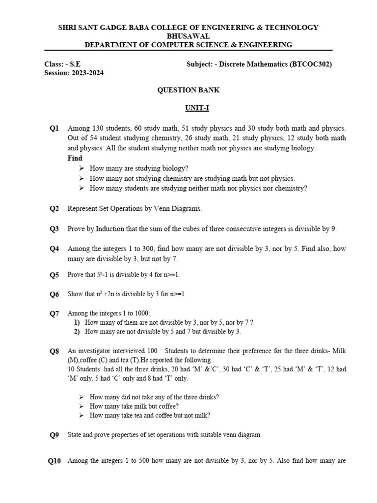 Discrete Mathematics SE Question Bank | PDF