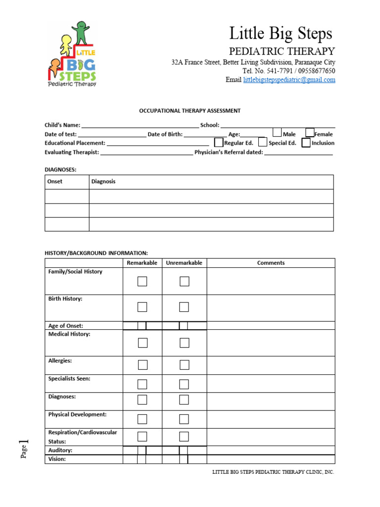 OT Assessment Checklist | PDF | Senses | Neuroscience