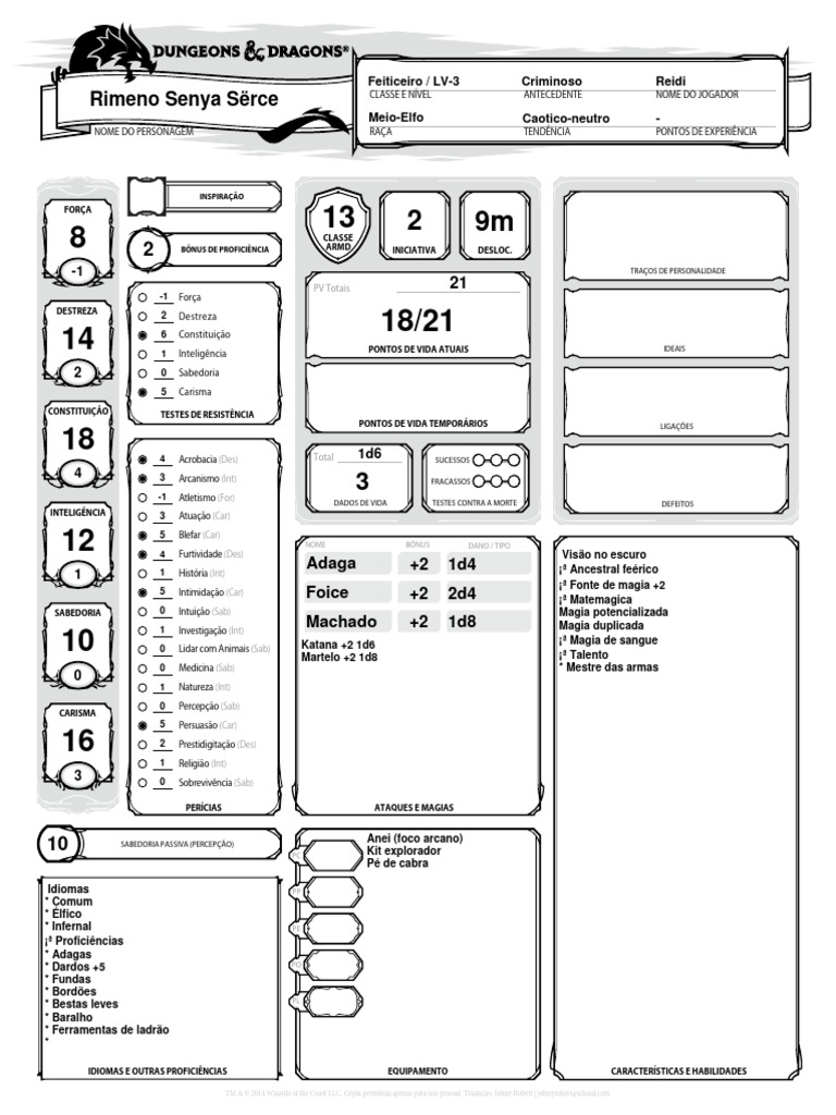 Ficha Personagem, Feiticeiro de Sangue Rimeno Senye Serce | PDF