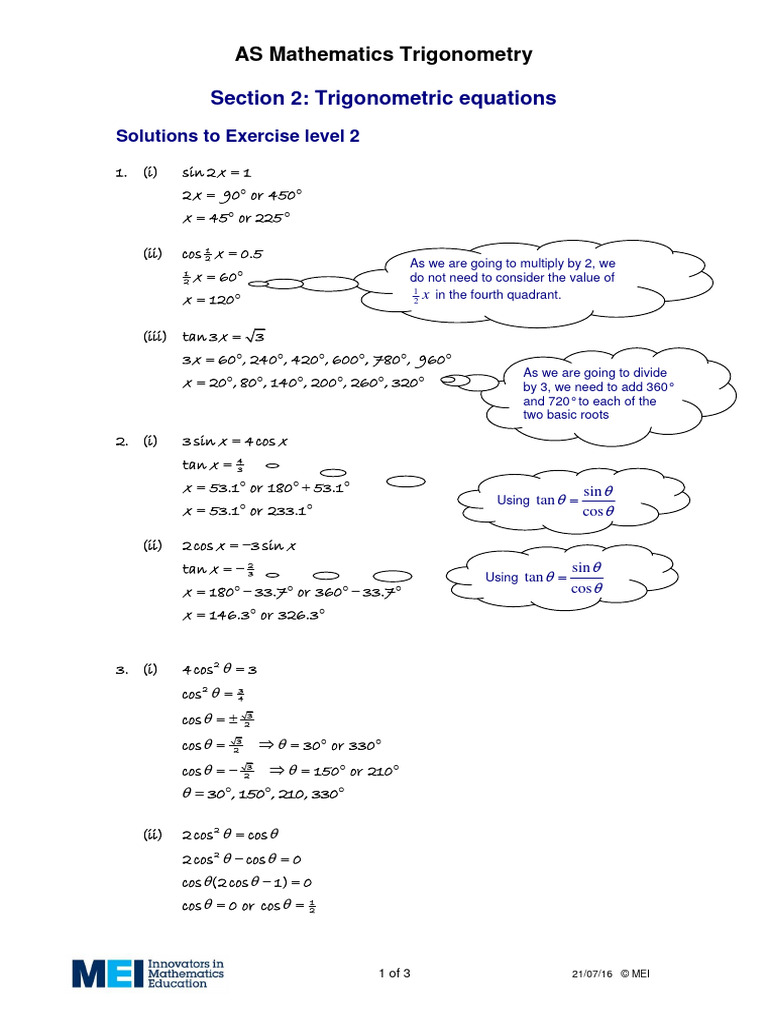 Trigonometric Equations Solutions Level 2 | PDF | Trigonometry | Geometry
