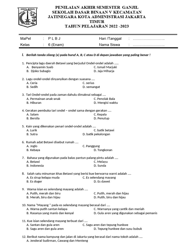 Soal PAS PLBJ - Kelas 6 | PDF