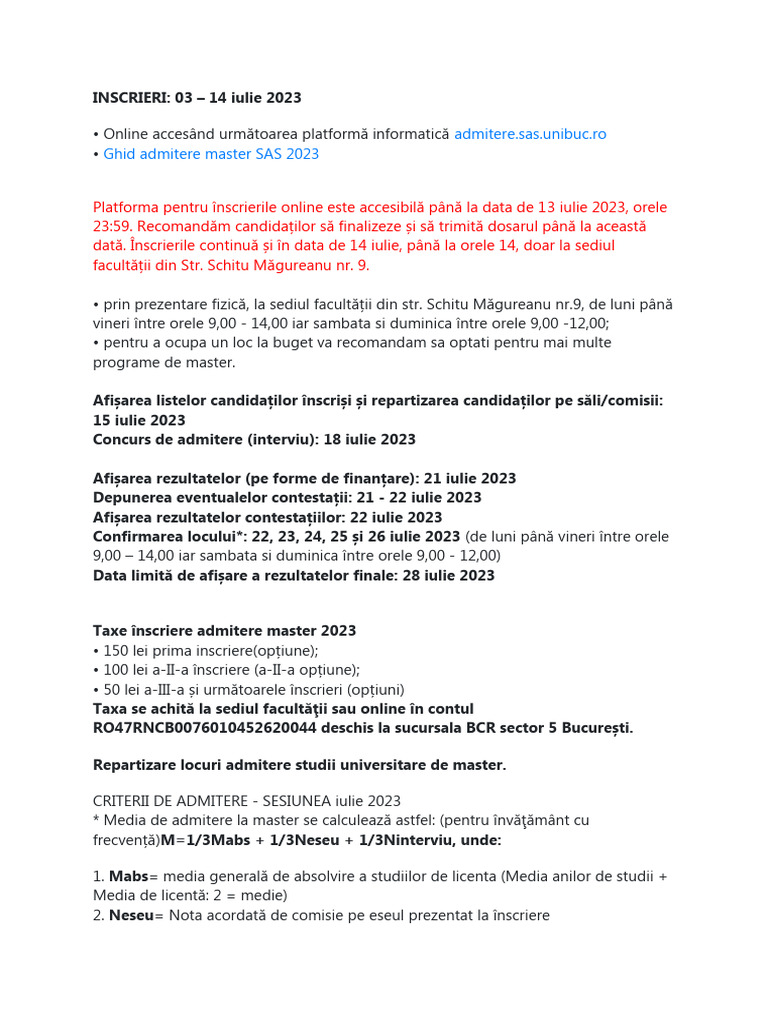 Admitere - Sas.unibuc - Ro Ghid Admitere Master SAS 2023 | PDF