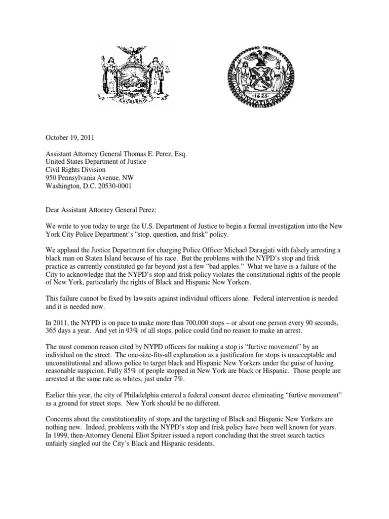 Letter to Assistant Attorney General Thomas E. Perez | Stop And Frisk ...