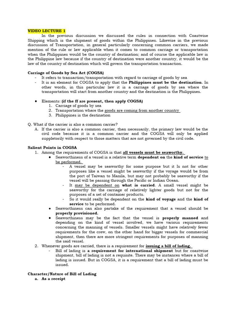 Transporation Law Maritime Commerce and The COGSA Bill of Lading and ...