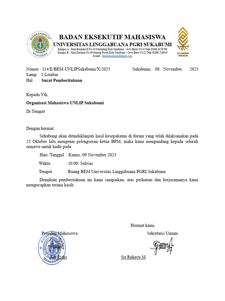 Surat Pemberitahuan ORMAWA | PDF