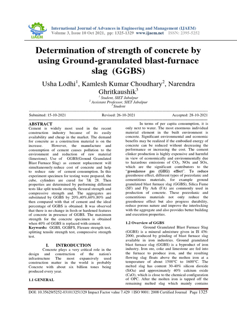 Determination Of Strength Of Concrete By Using Ground Granulated Blast Furnace Slag Ggbs Pdf