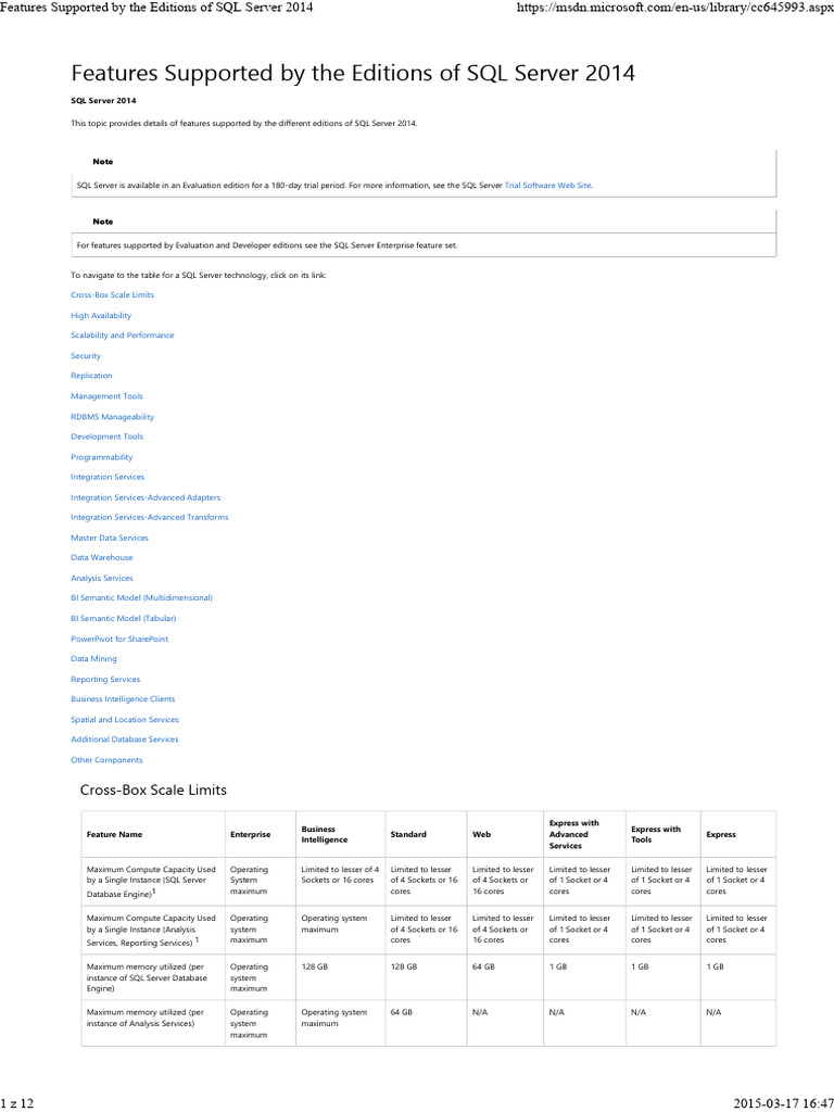 Features Supported by The Editions of SQL Server 2014 | PDF | Microsoft ...