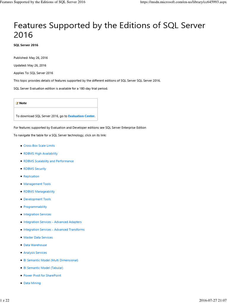 Features Supported by The Editions of SQL Server 2016 | PDF | Computers