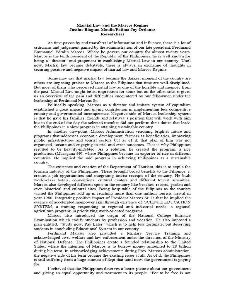 Martial Law Impact Under Marcos Regime | PDF | Philippines | Economies