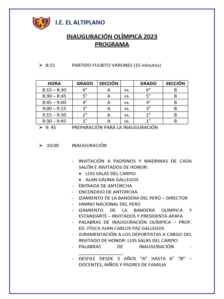 Programa Olimpiadas 2023 | PDF