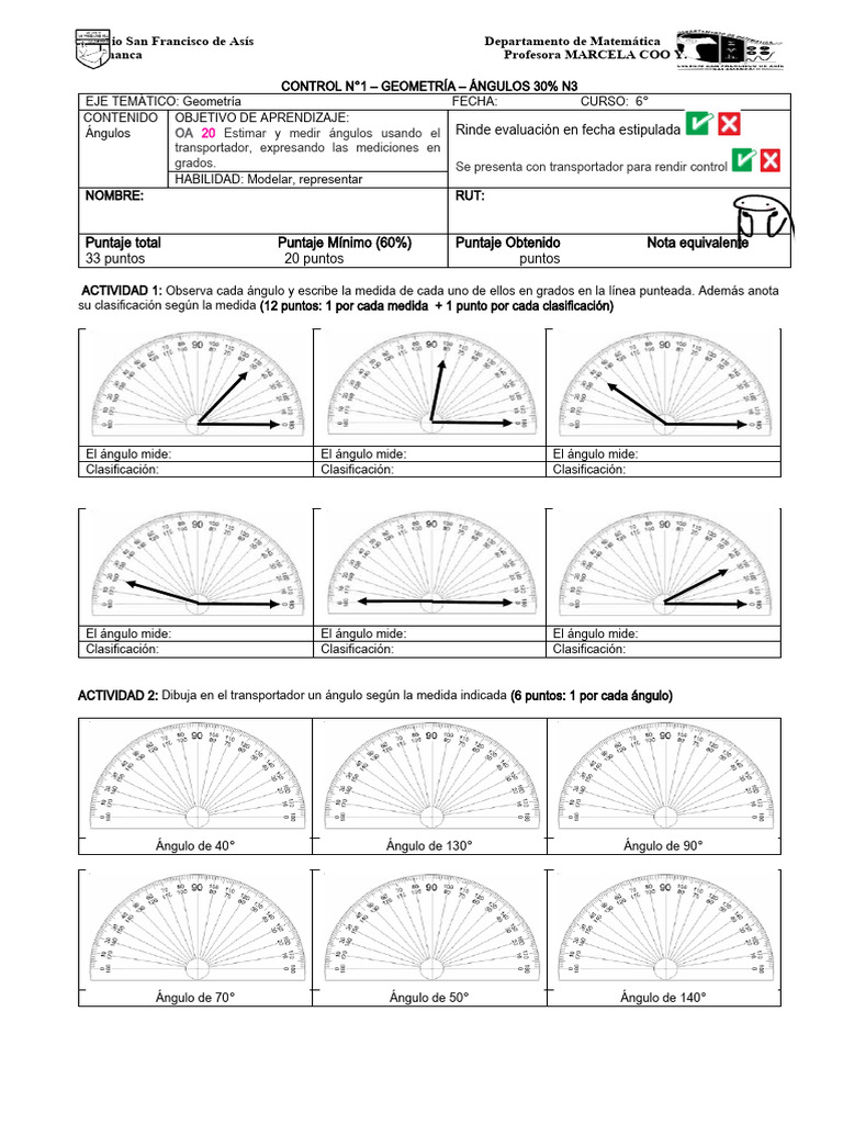 Hoja De Trabajo Para Medir ángulos Con Un Transportador En Formato Pdf