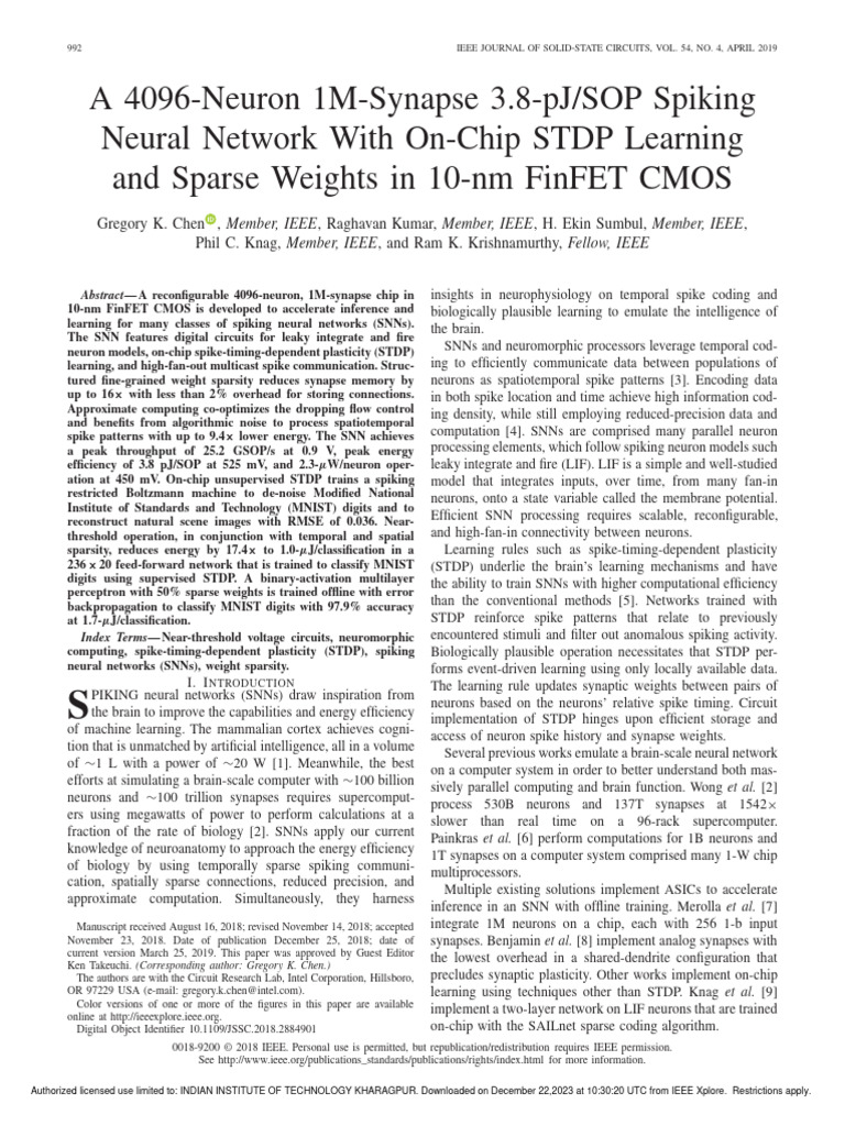 A 4096-Neuron 1M-Synapse 3.8-pJ SOP Spiking Neural Network With On-Chip STDP Learning and Sparse ...