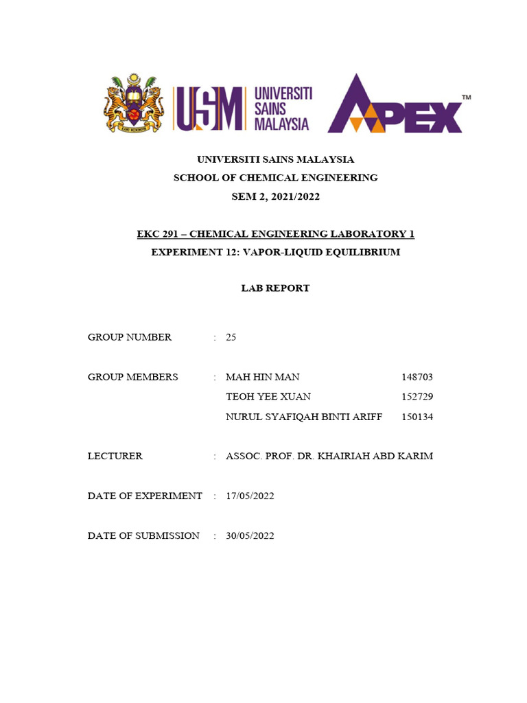 Vapor-Liquid Equilibrium Lab Report | PDF