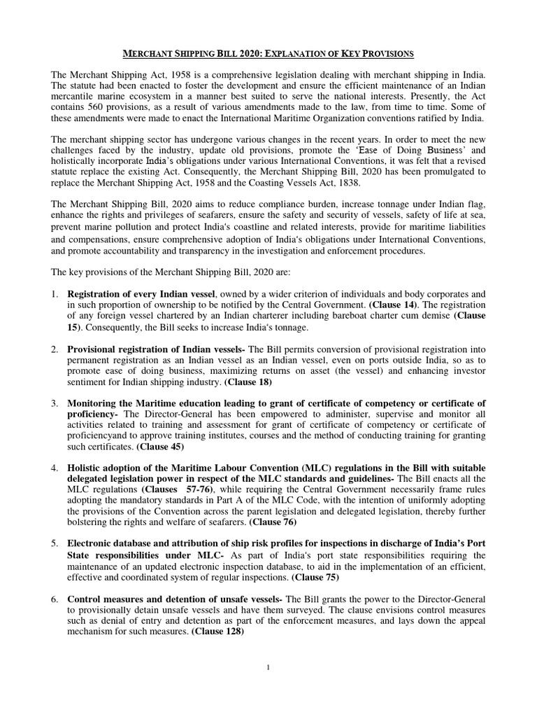 Merchant Shipping Bill 2020 Explanation Key | PDF | Marine Salvage ...