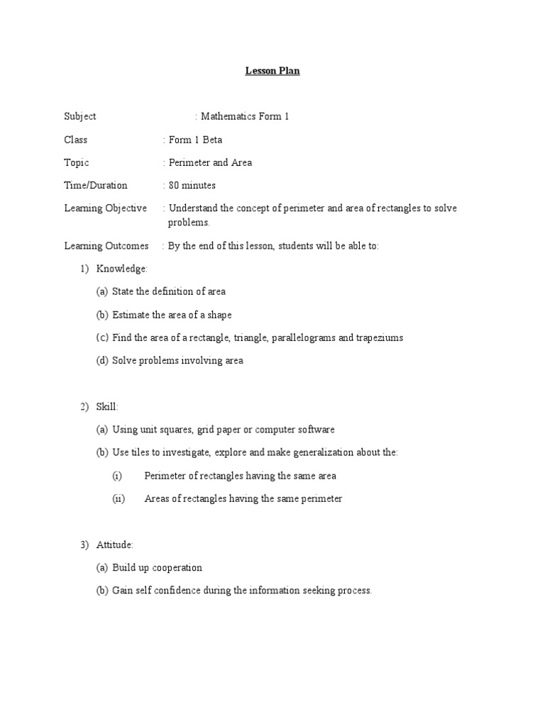 Lesson Plan Math Form 1 Lesson Plan Teaching