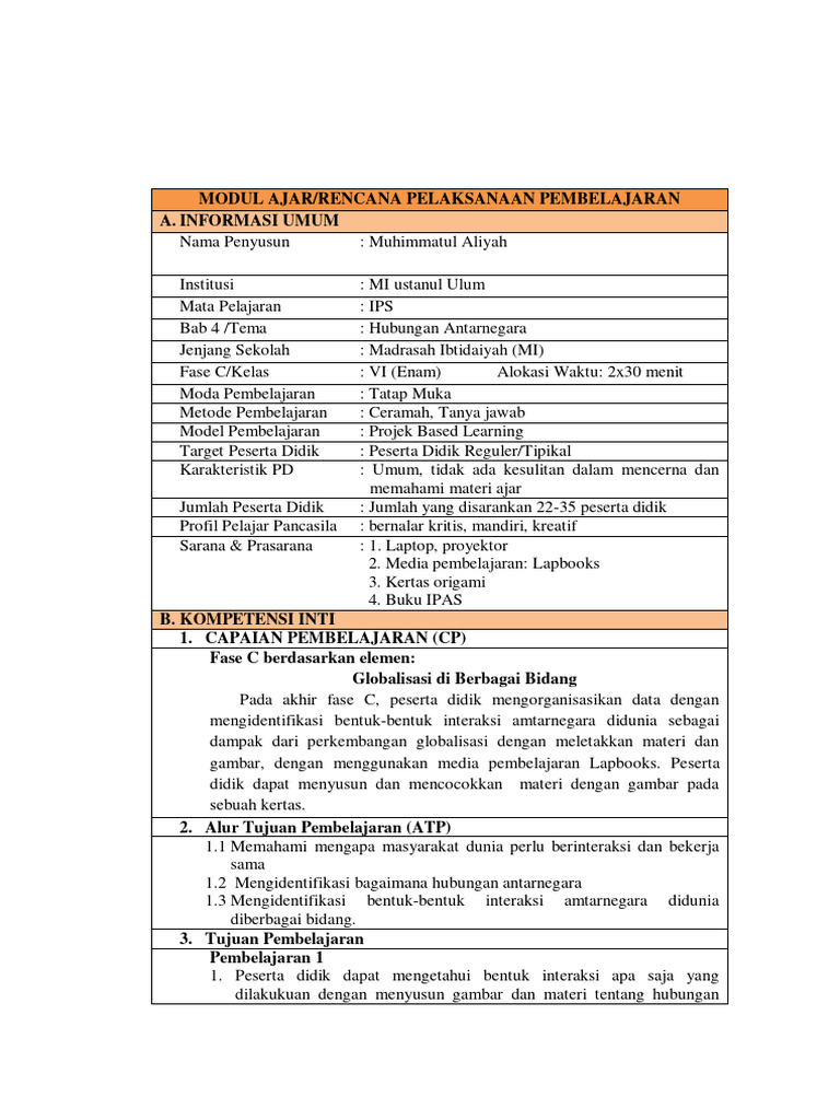 RPP Kurikulum Merdeka Pembelajaran IPS - Aliyah - Muhimmatul Aliyah | PDF