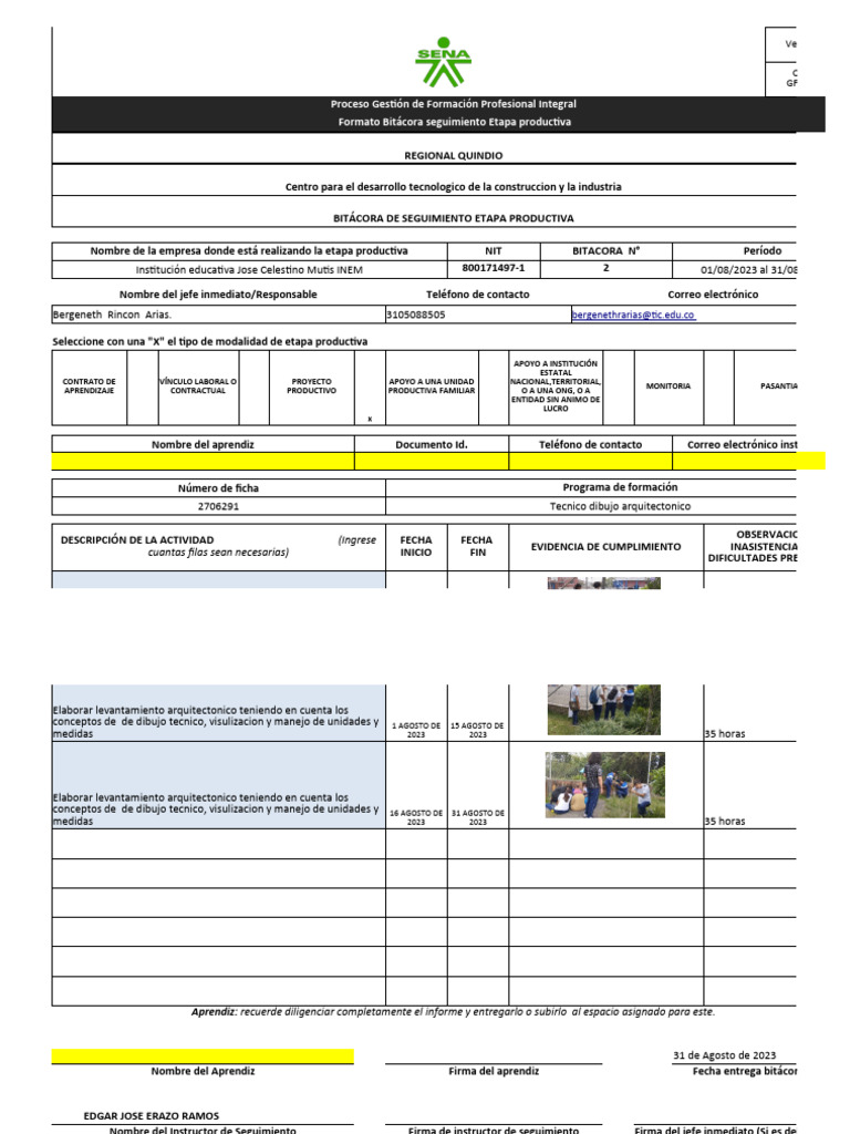 Gfpi-F-147 - Formato - Bitácora - Etapa - Productiva 2706291 Ie Inem ...