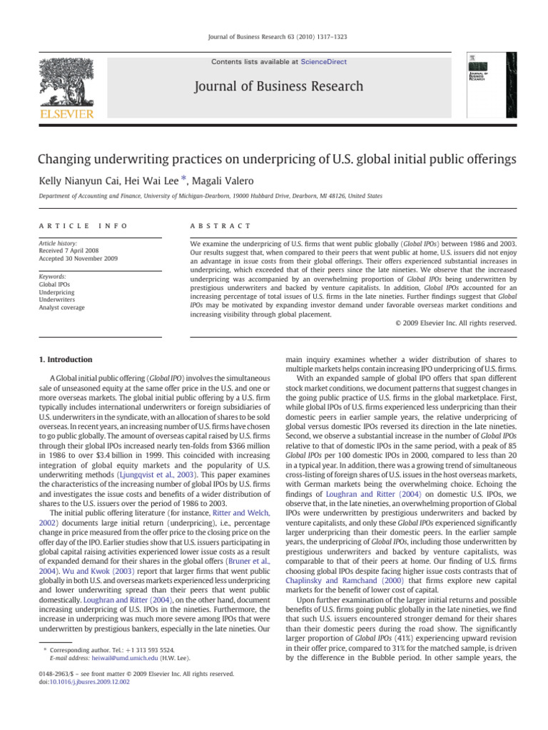 Changing Underwriting Practices On Underpricing of U.S. Global Initial ...