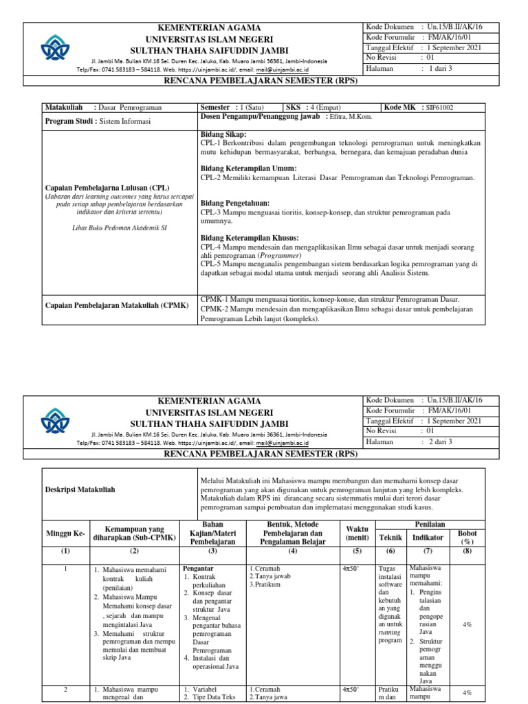 1) RPS 2022-2023 Dasar Pemrograman by Efitra | PDF