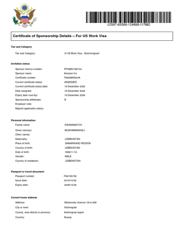 Certificate of Sponsorship Details - For US Work Visa: Tier and ...
