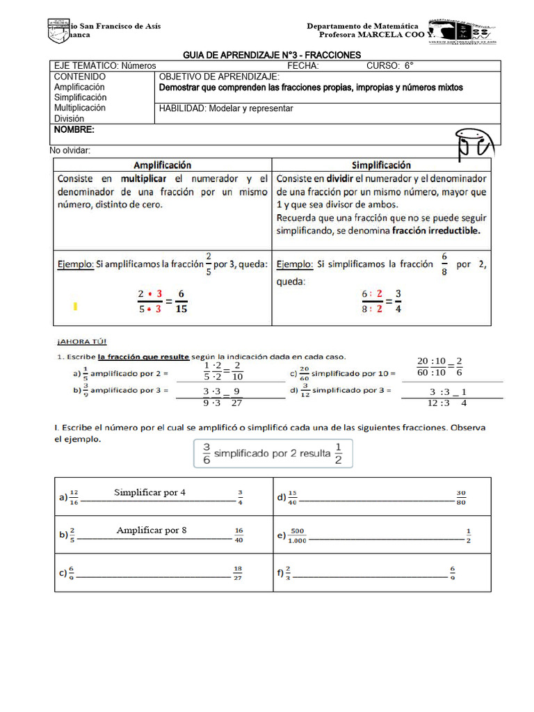 Guia de Aprendizaje N°3 - Fracciones, Amplificacion y Simplificación | PDF