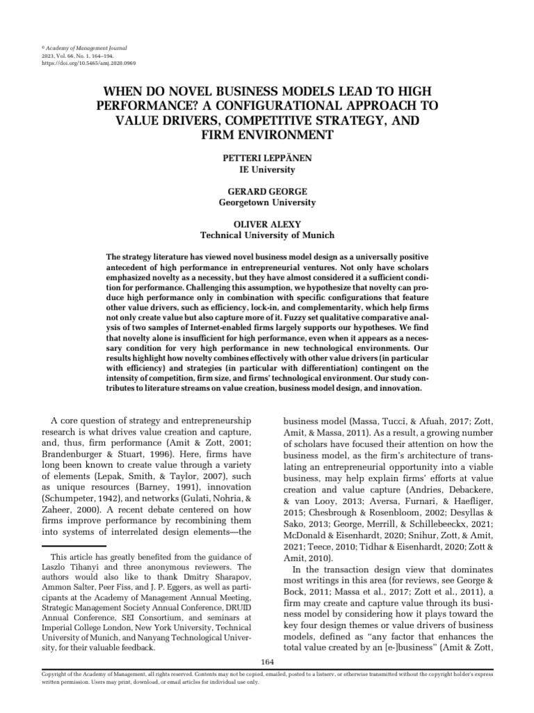 Leppänen Et Al. - 2023 - When Do Novel Business Models Lead To High ... Leppänen Et Al. - 2023 - When Do Novel Business Models Lead To High ...
