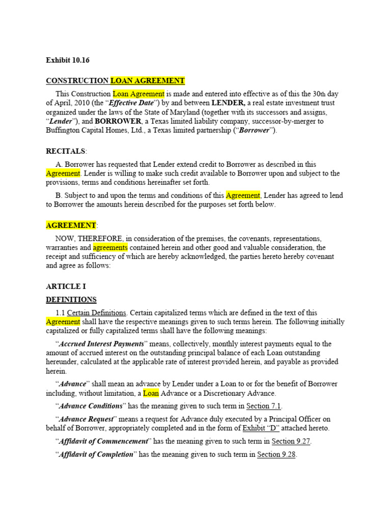 Construction Loan Agreement Overview | PDF | Loans | Mortgage Law