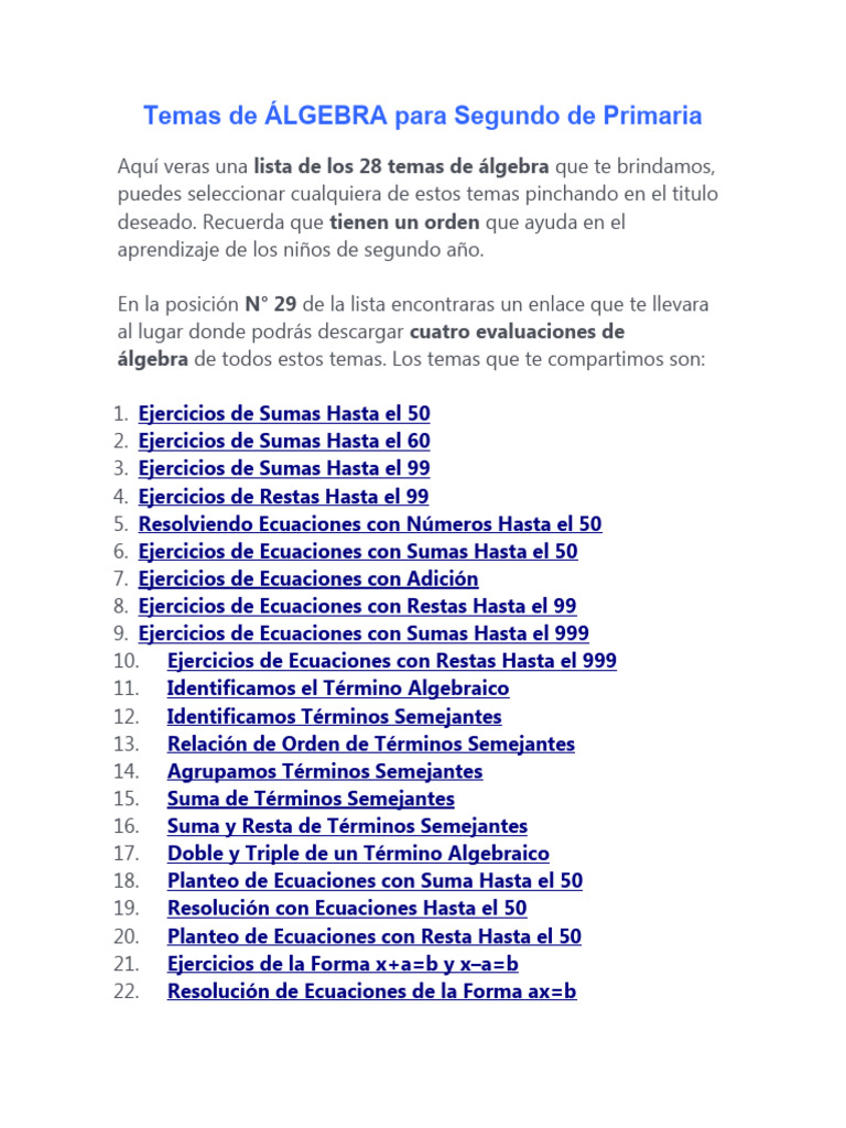 Temas de ÁLGEBRA para Segundo de Primaria | PDF