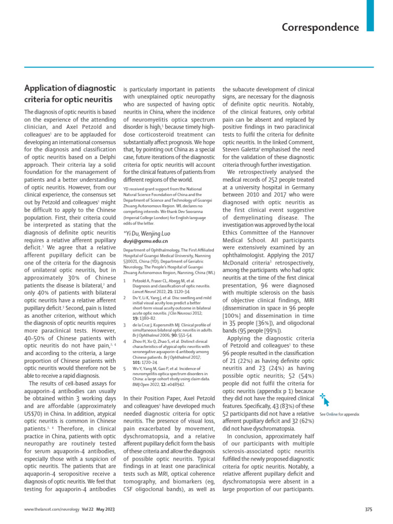 Application of Diagnostic Criteria For Optic Neuri | PDF | Peripheral ...