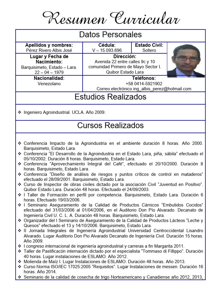 Curriculum Vitae Ing Albis Perez | PDF | Fermentación | Agronegocios