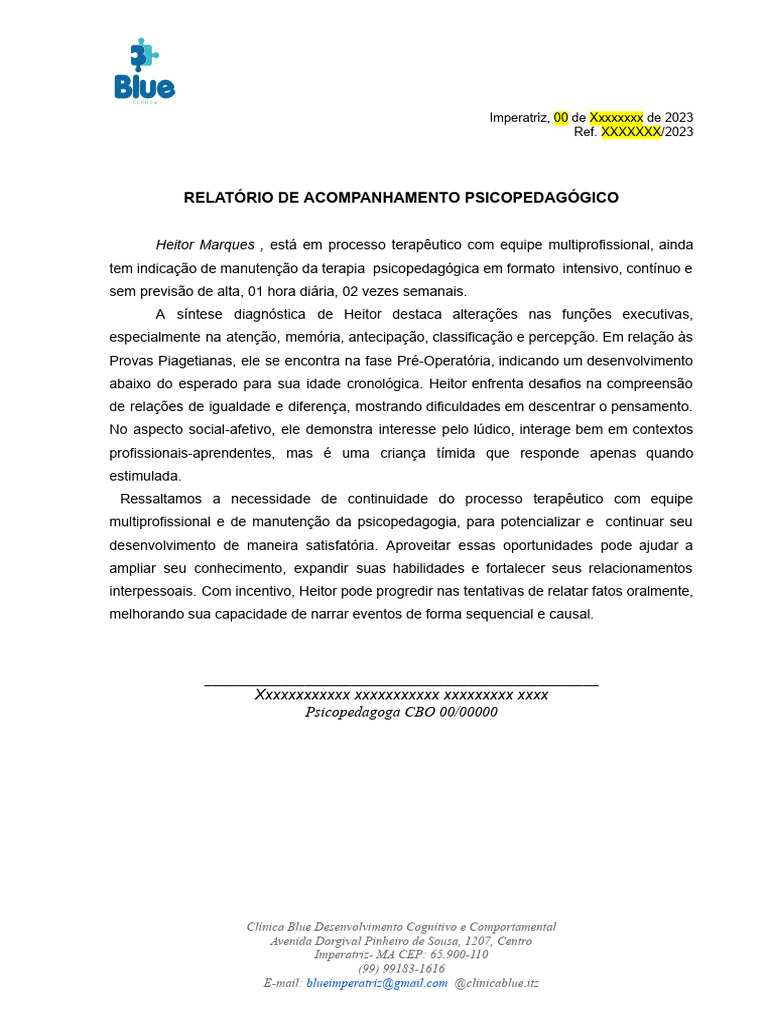 MODELO de Relatório de Acompanhamento Terapêutico | PDF MODELO de Relatório de Acompanhamento Terapêutico | PDF